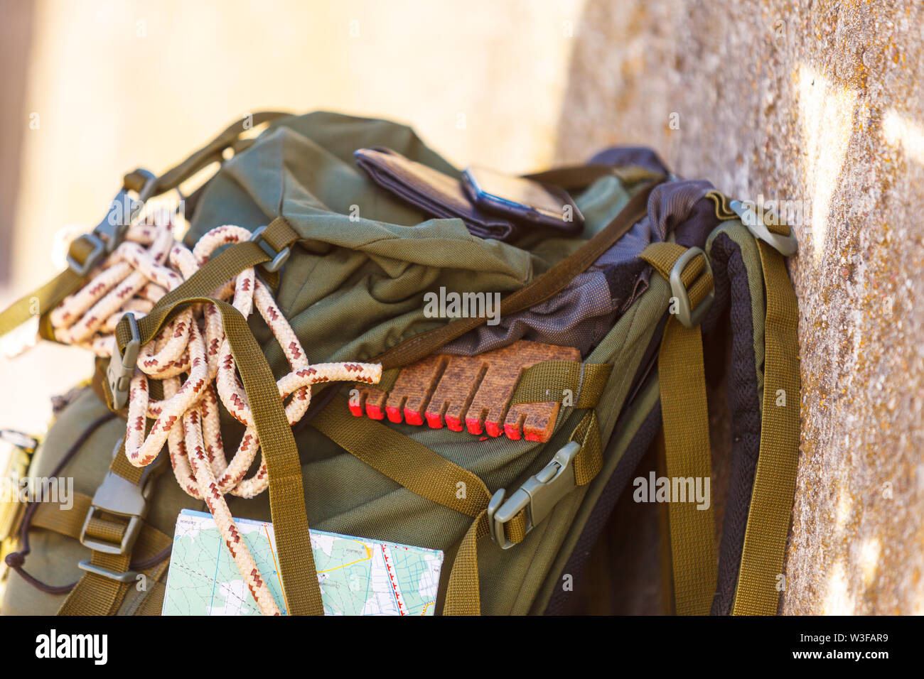 Hiking backpack camping and mountain exploring tourist equipment ...