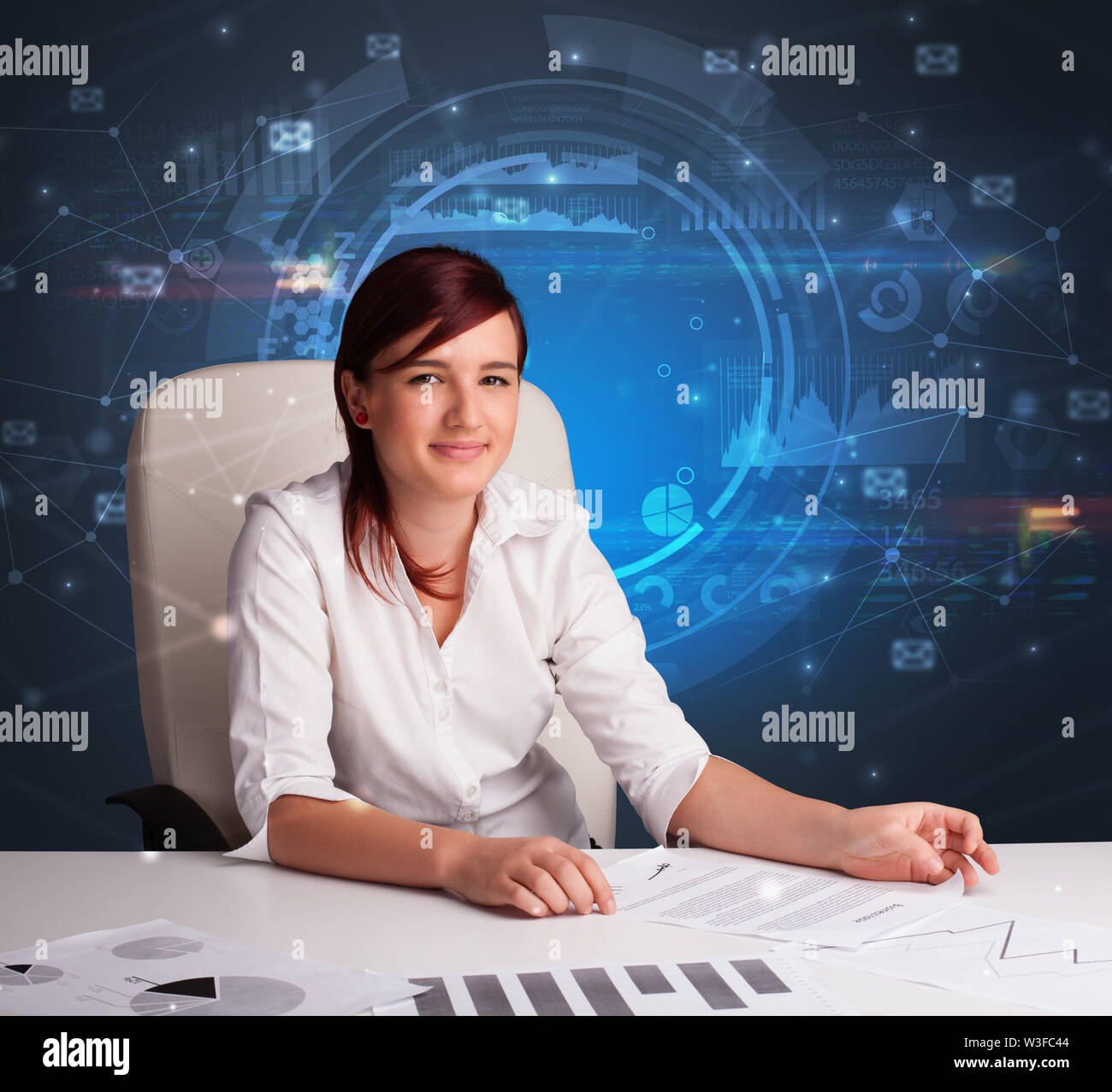 Manager in front of the office desk with connections and teamwork ...