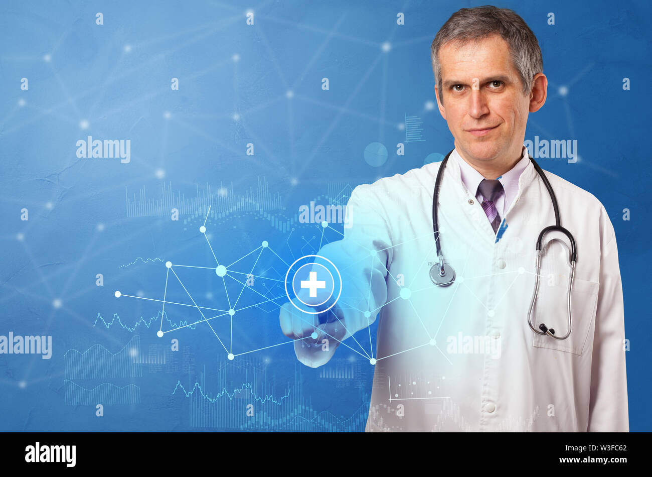 Doctor touching blue screen with virtual hospital concept Stock Photo ...