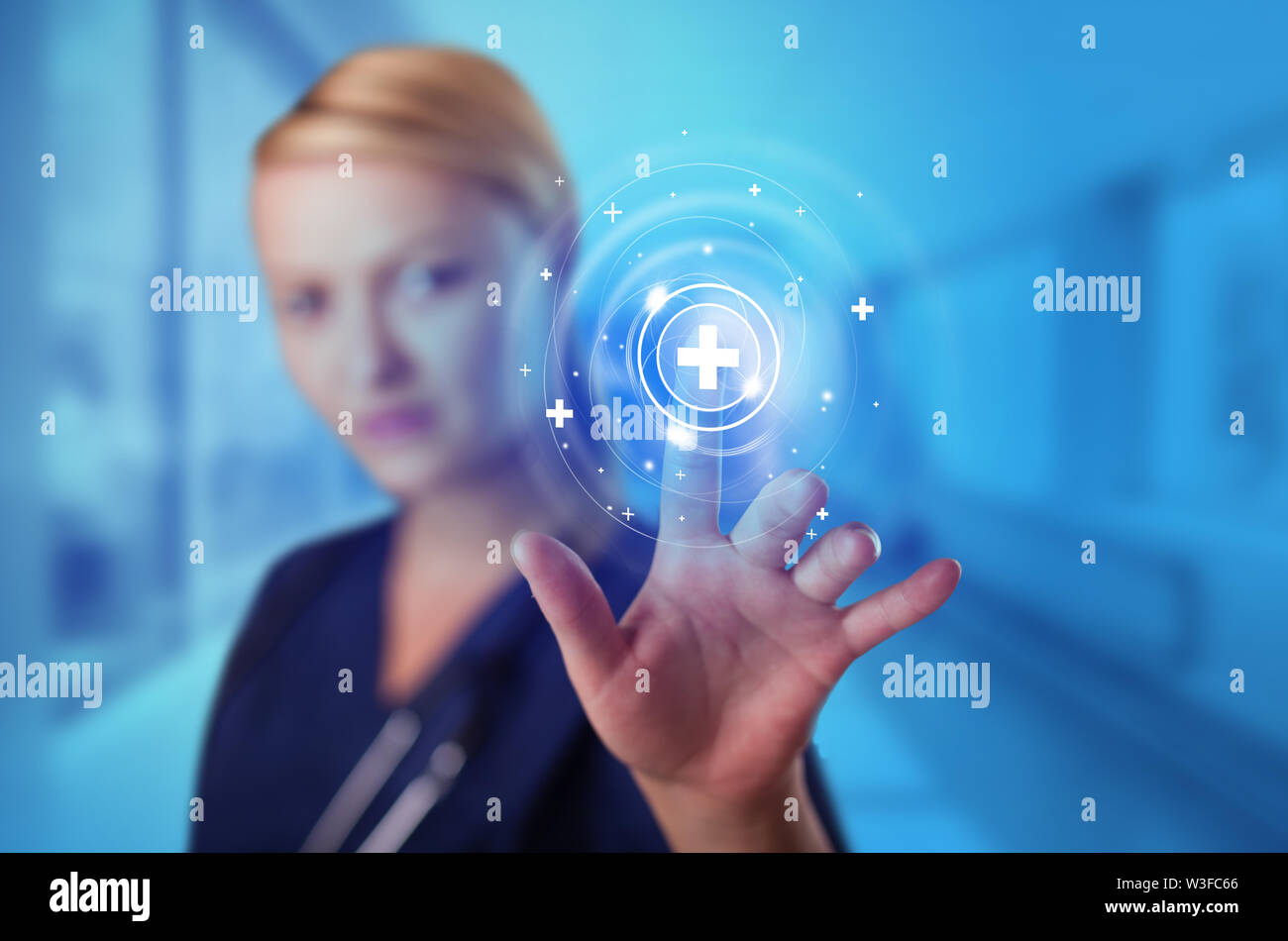Doctor touching blue screen with call center concept Stock Photo - Alamy