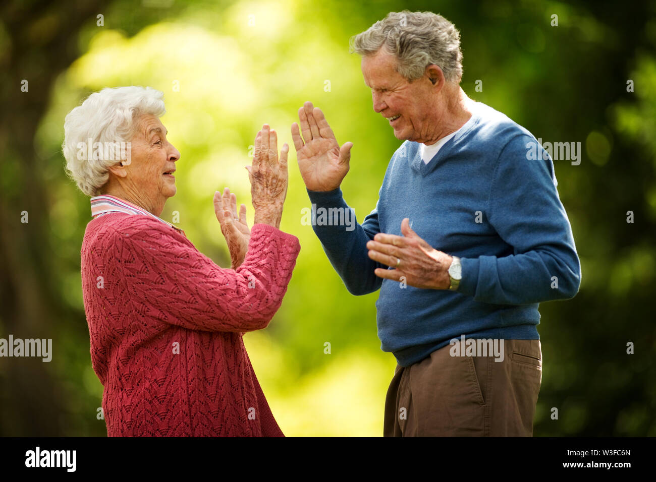 Playful elderly couple have fun playing a hand game in a sunny garden ...
