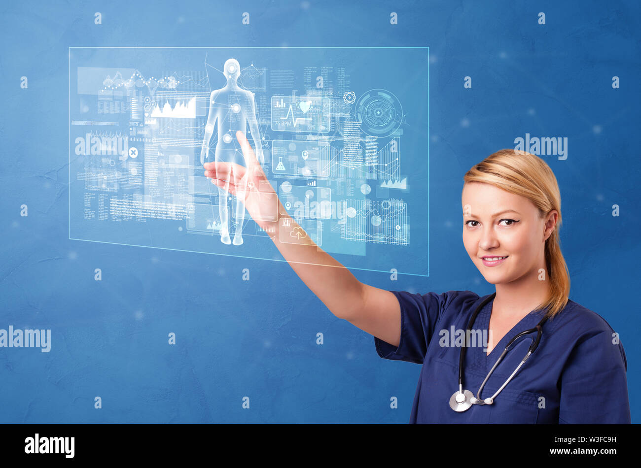 Doctor touching blue screen with full body analyze concept Stock Photo ...