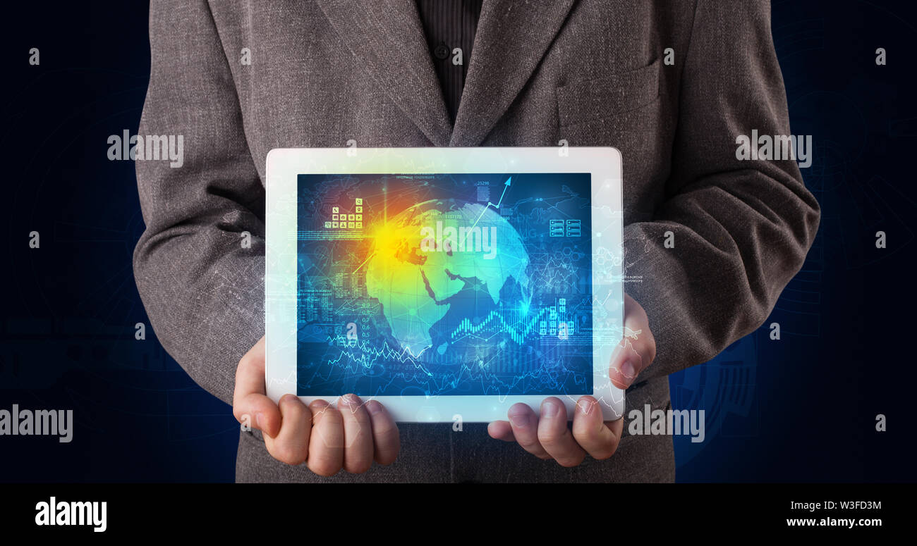 Hand holding tablet with global database concept Stock Photo - Alamy