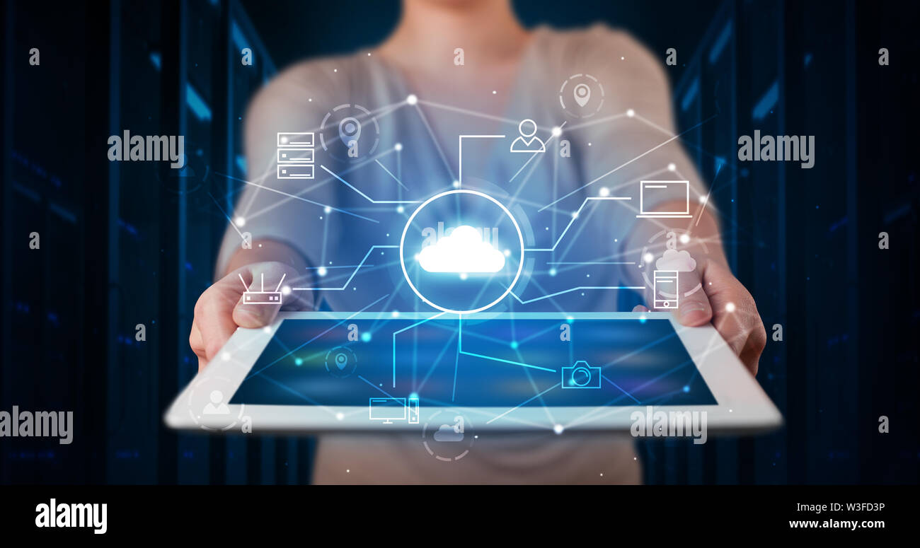 Formal hand in server room with virtual workspace concept Stock Photo ...