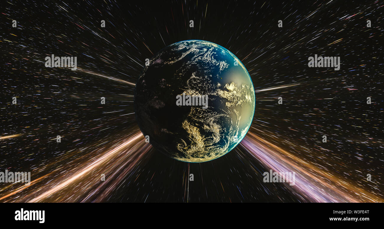 Earth traveling though space with light trails of the galaxy background ...