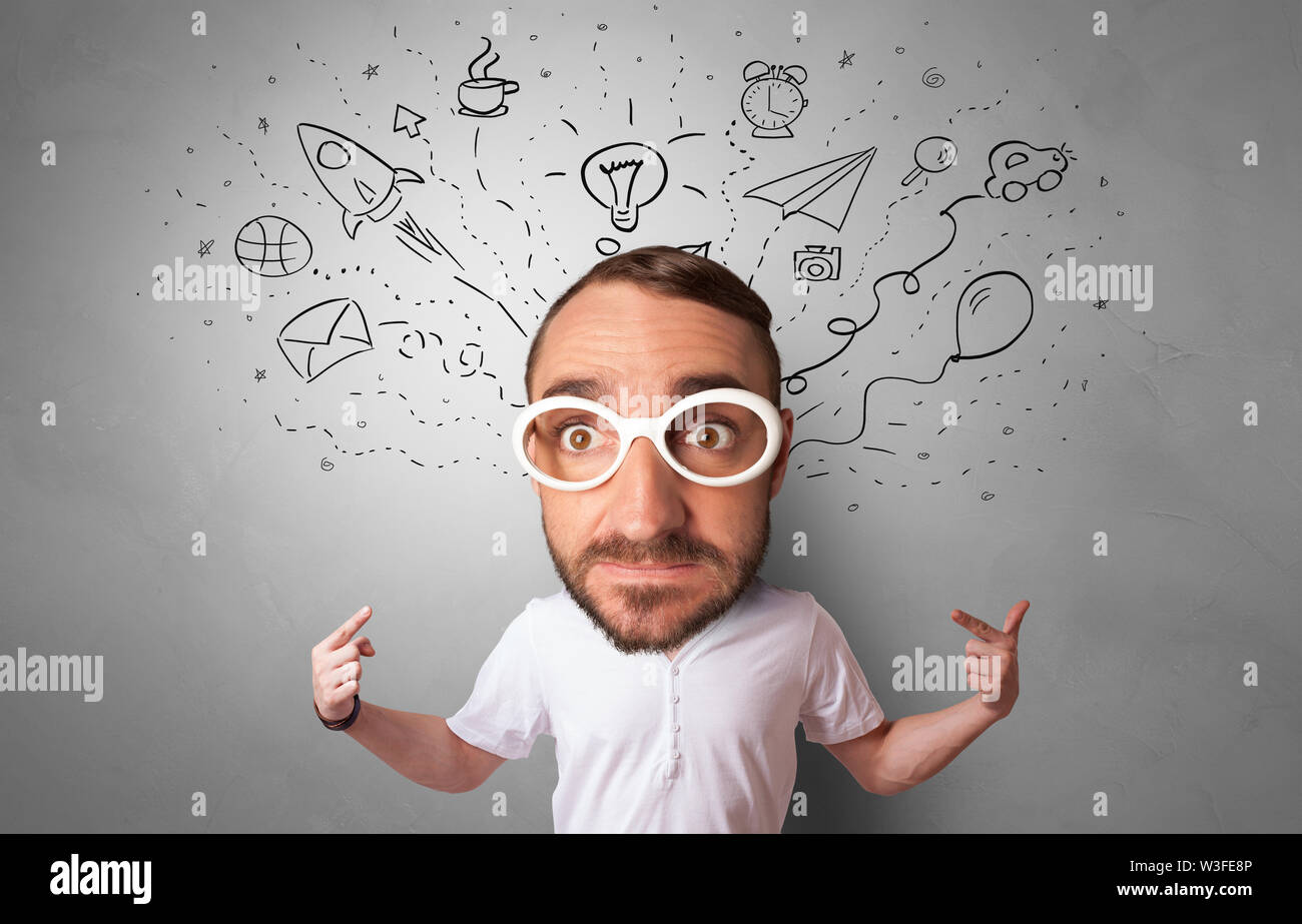 Full big head on small body with icons and symbols around Stock Photo ...