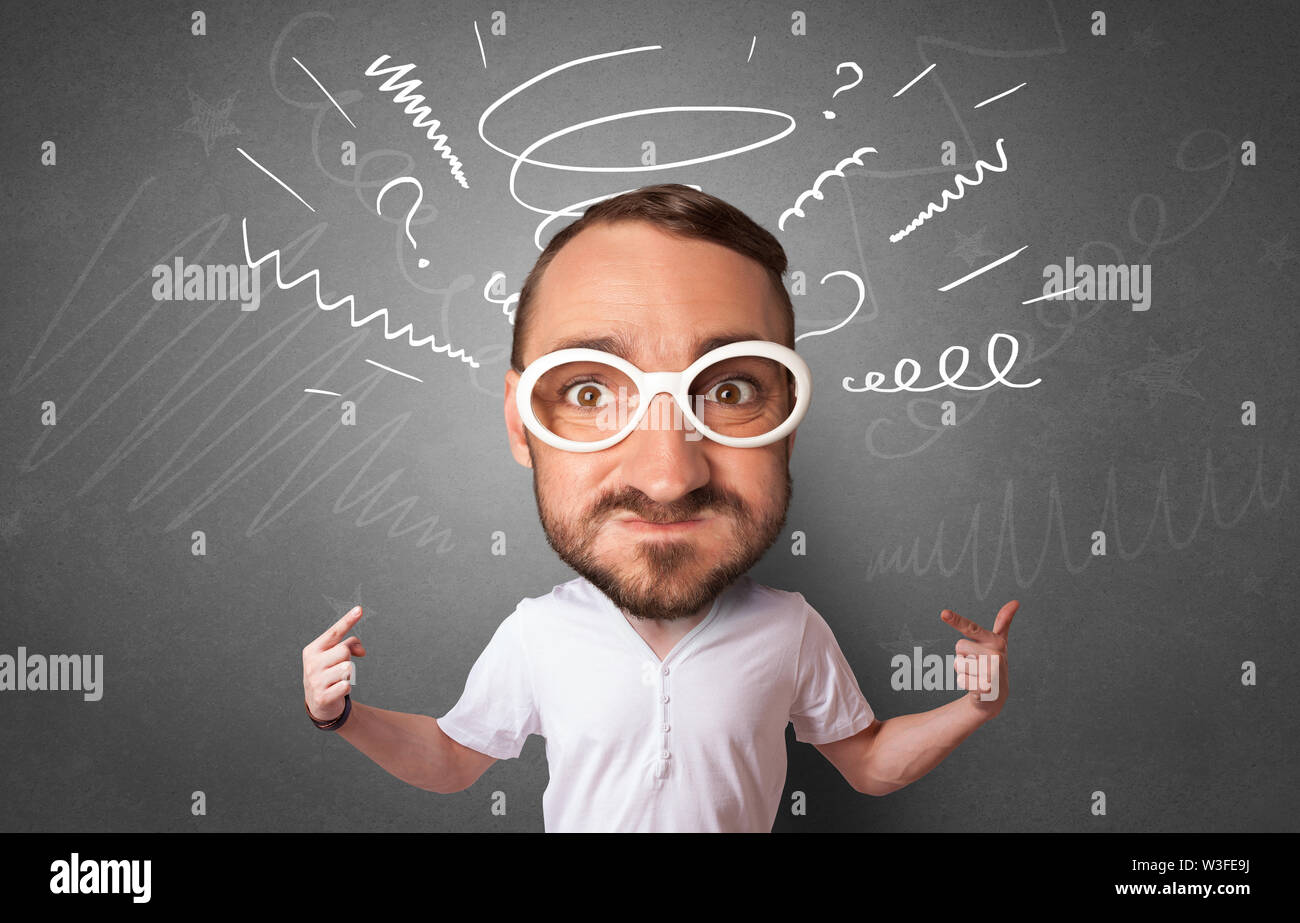 Full big head on small body with blackboard and white chalk drawn on ...