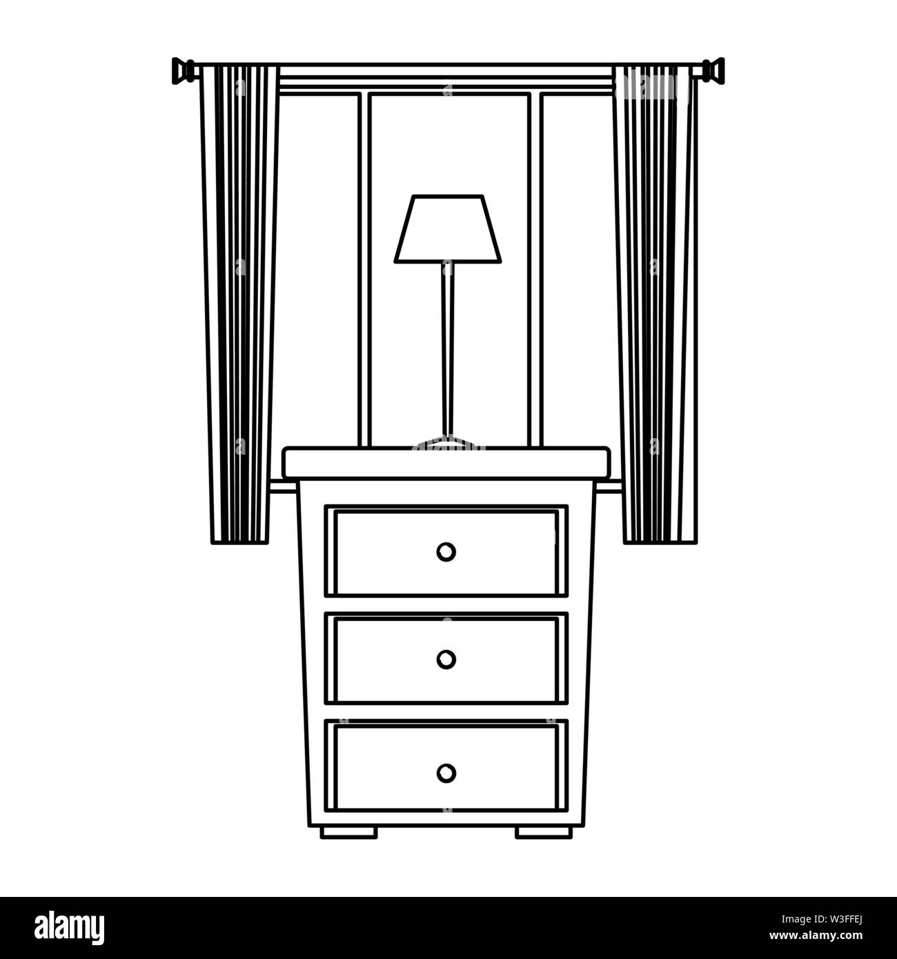 House wooden drawer with light lamp and window in black and white Stock ...