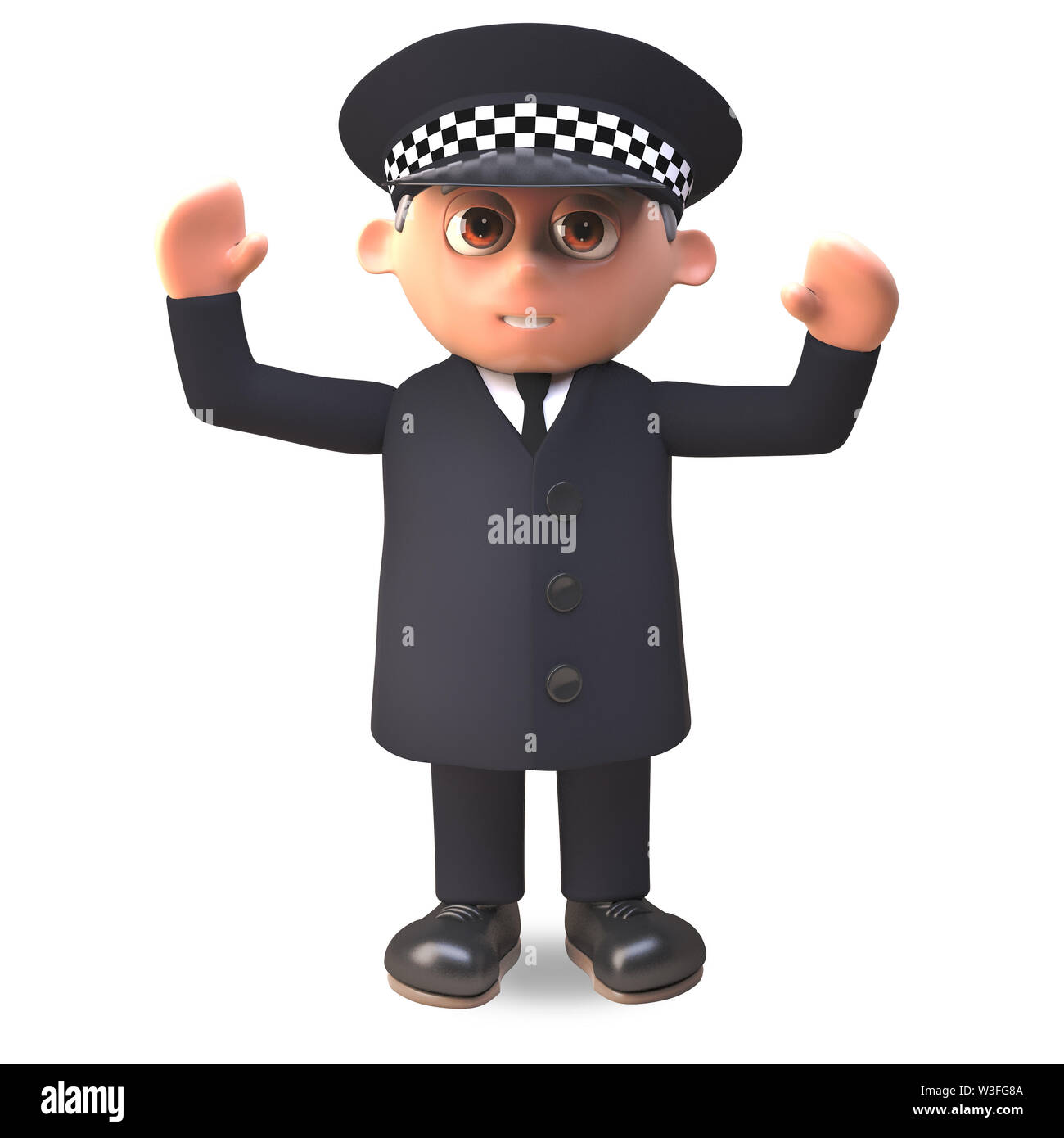 Cartoon 3d police officer on duty in uniform with arms in air cheering ...