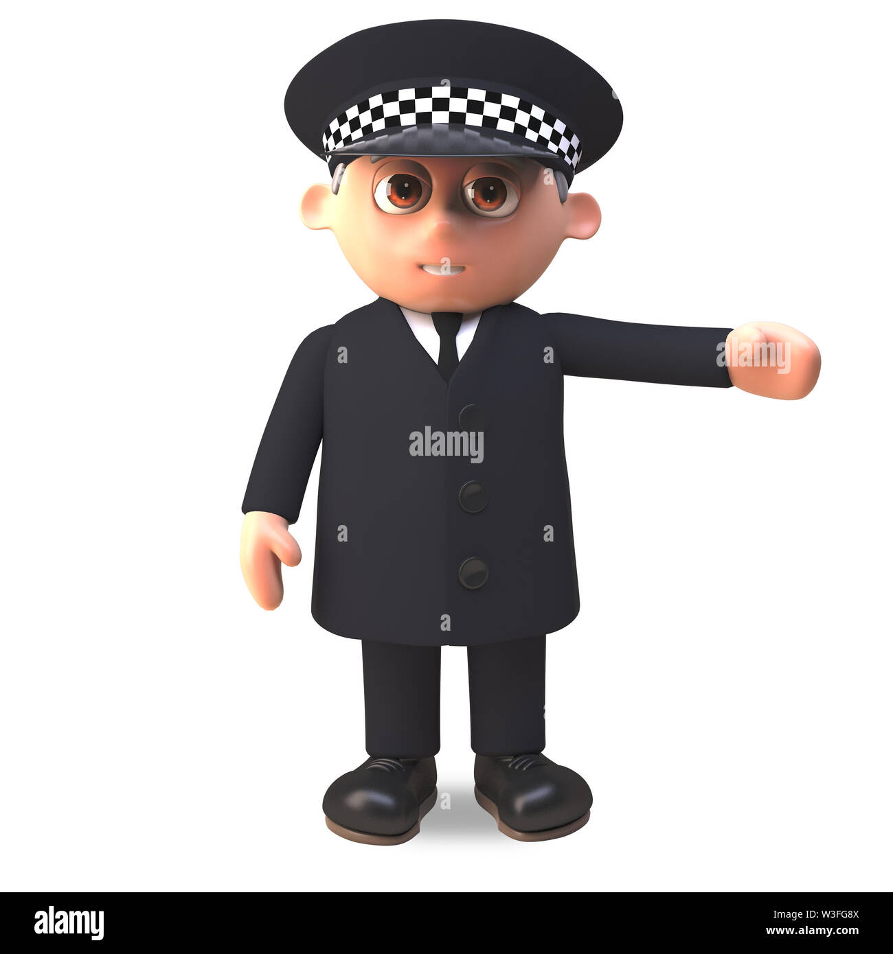 3d cartoon police officer in uniform gestures with his arm to the left ...