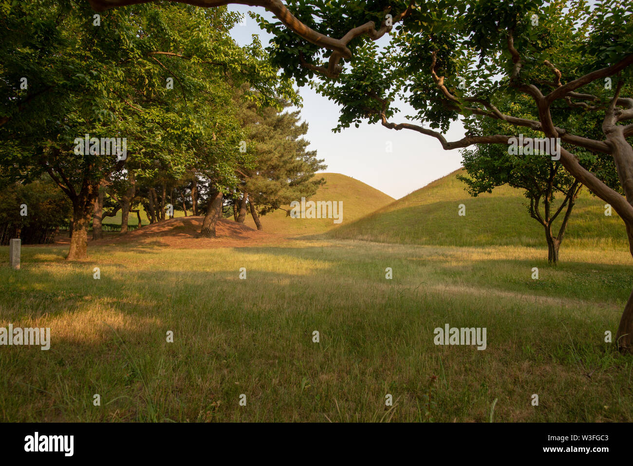 View on two Daereungwon Tombs taken at sunset, Gyeongju, South Korea ...