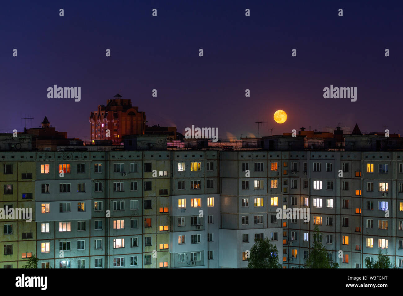 Windows, roofs and facade of an mass apartment buildings in Russia at ...