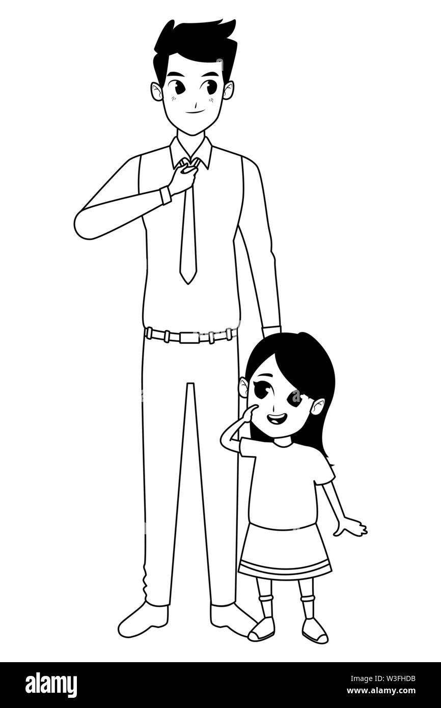 Family Single father with little kid cartoon in black and white Stock ...