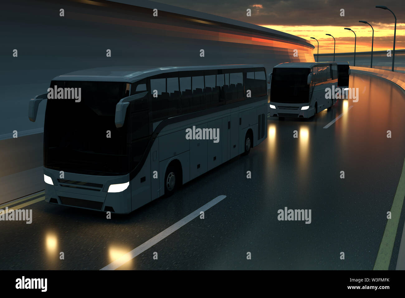 Three white buses drive on a highway at sunset backlit by a bright ...