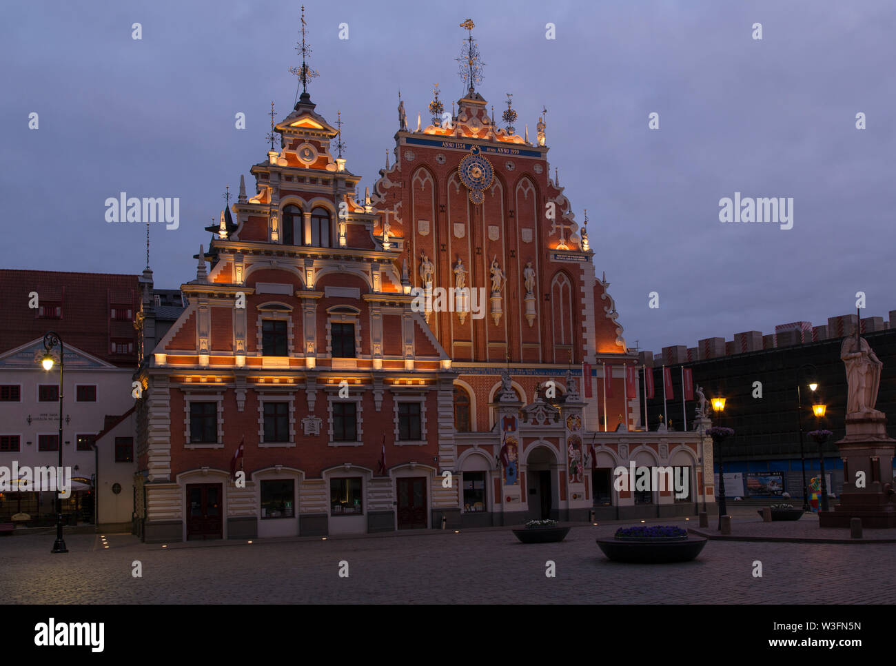 Illuminated building called House of the Blackheads, Riga, Latvia Stock ...