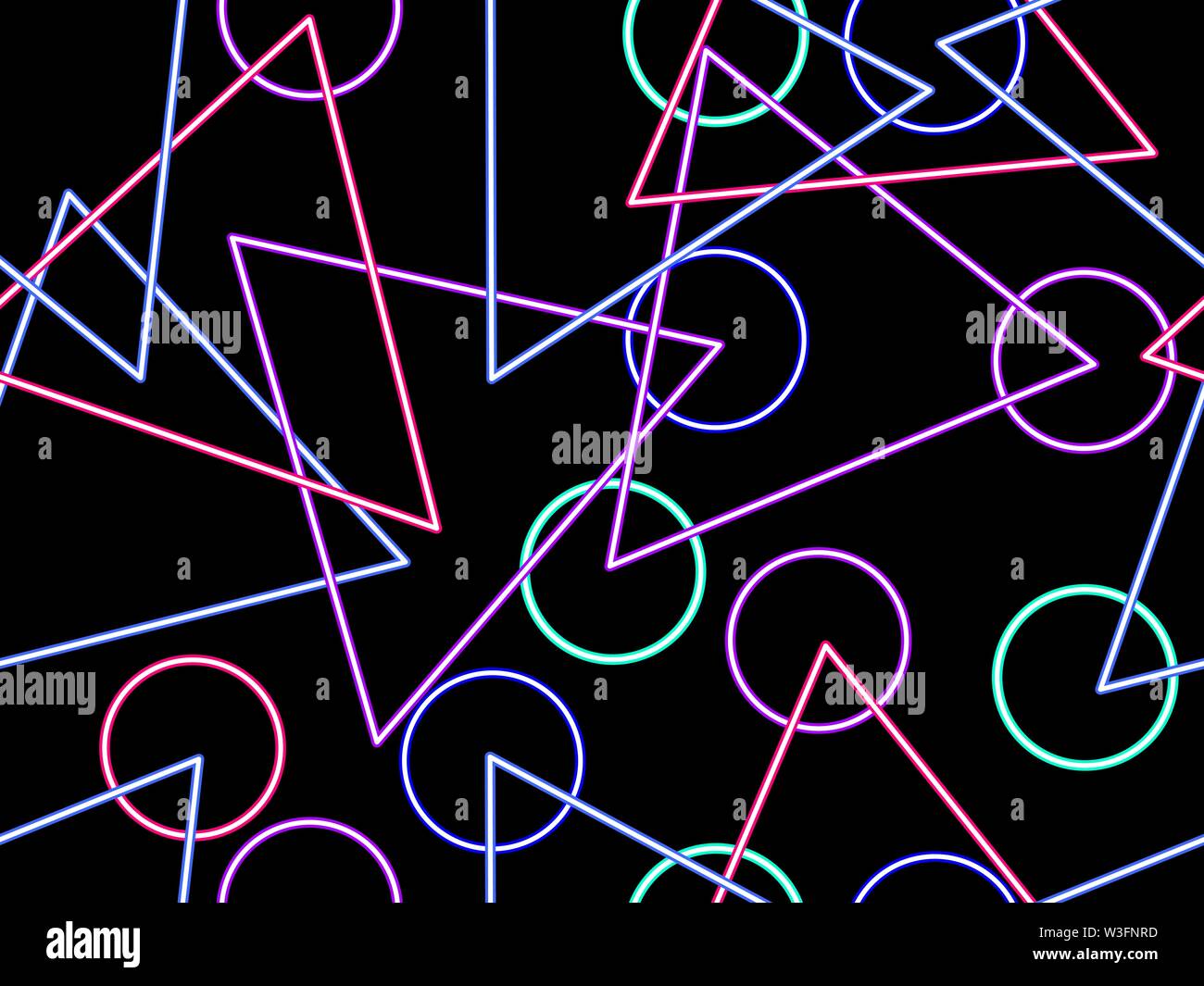 Glowing neon shapes on a black background. Seamless pattern in 80s ...