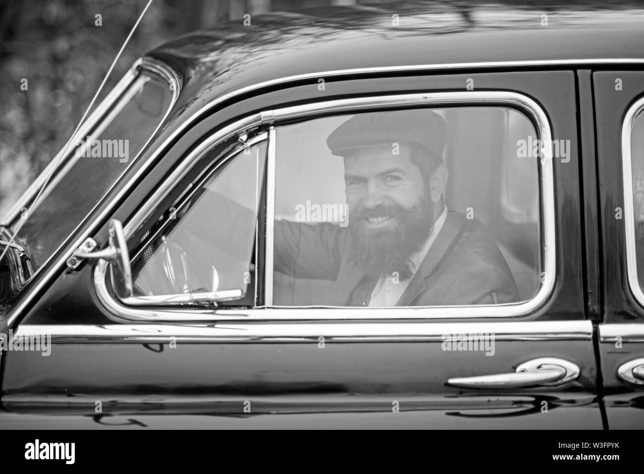 collection car with happy bearded driver. collection retro car with ...