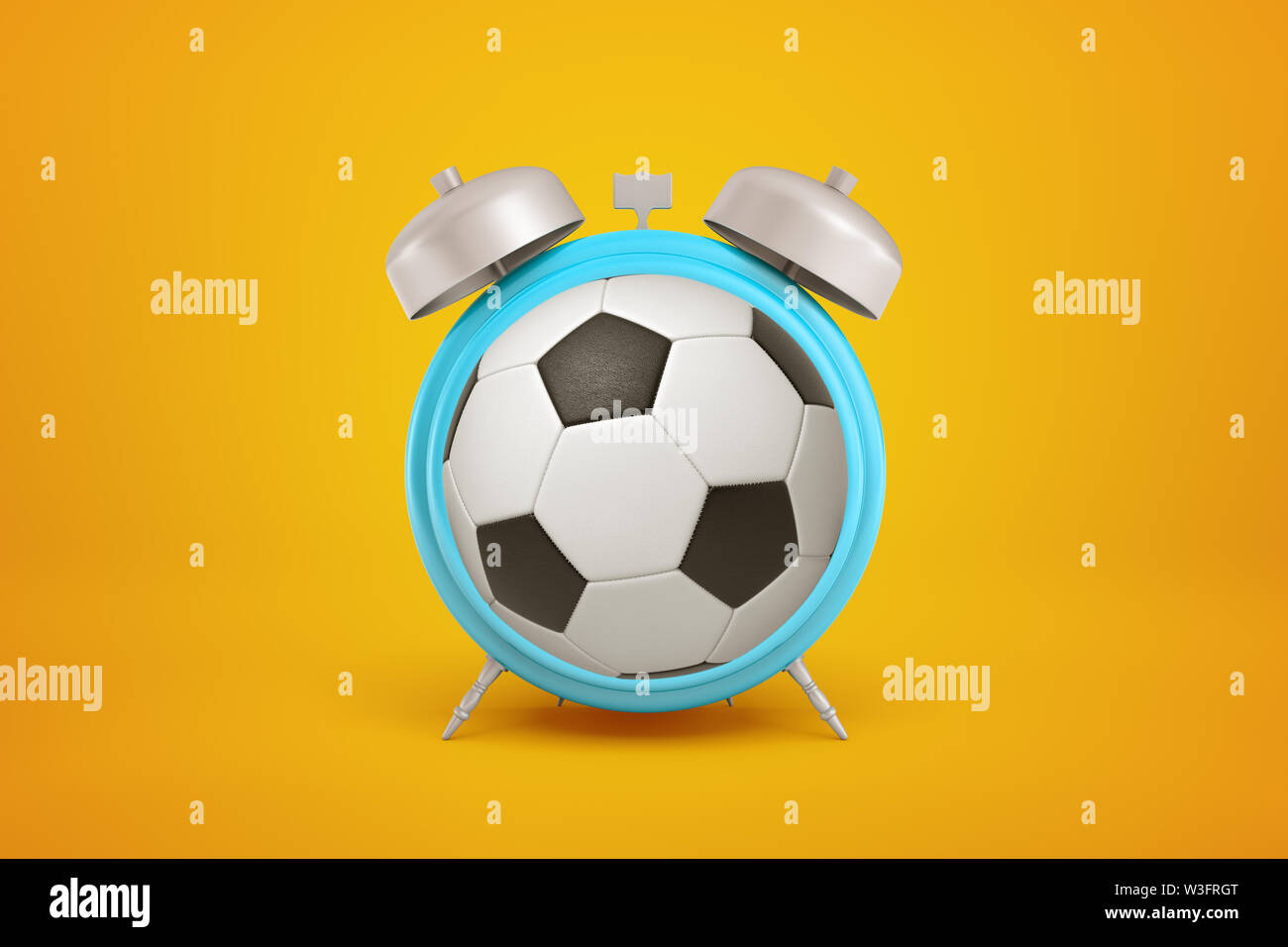 3d rendering of football ball shaped as alarm clock on yellow ...