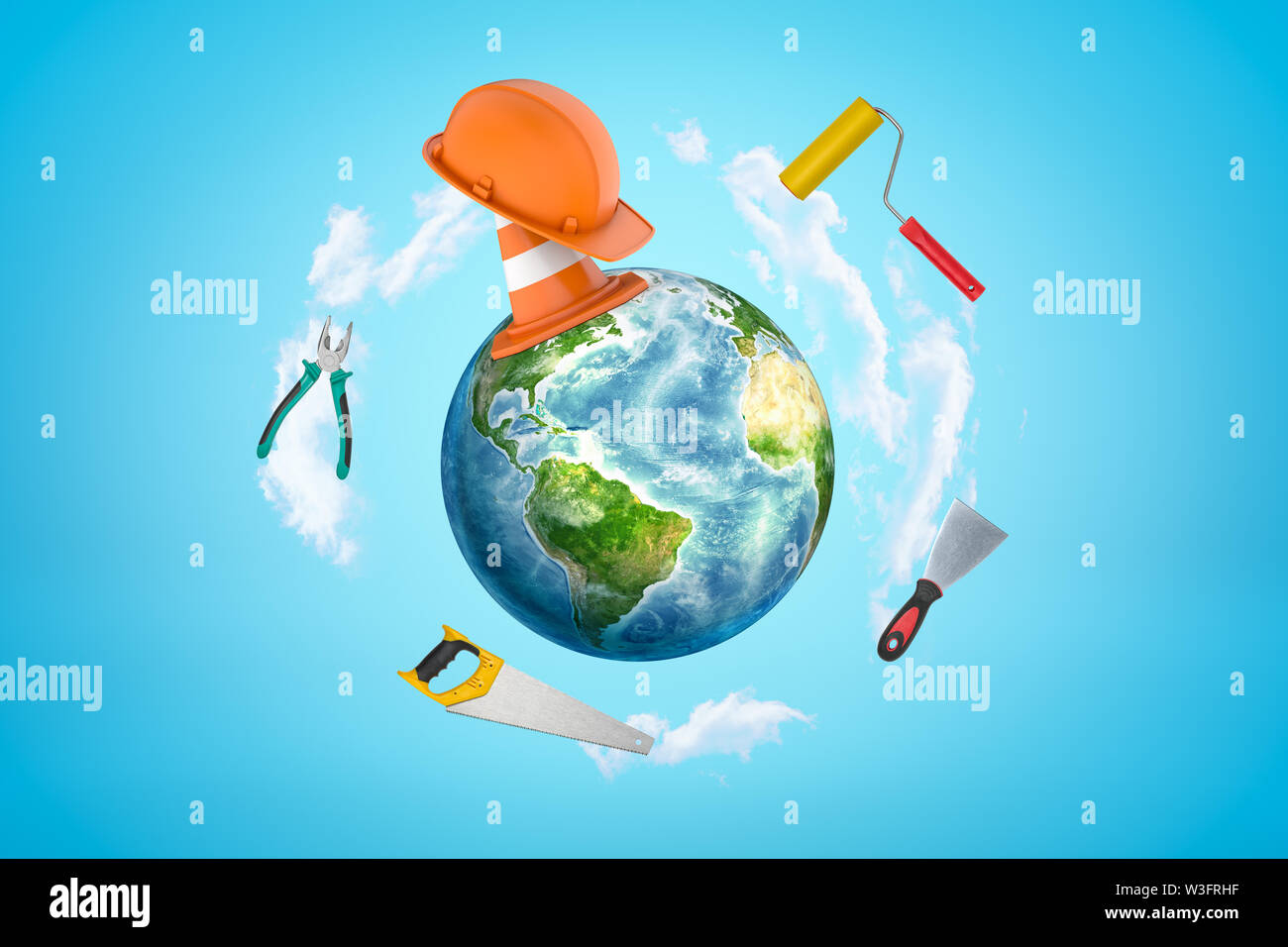 3d rendering of colored earth globe with orange hard hat and ...