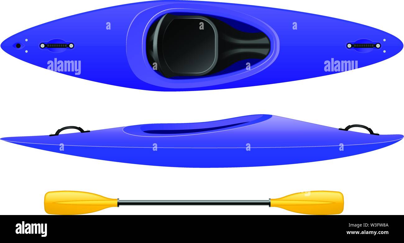 Plastic kayak for rafting and tourism, blue canoe top view with paddle ...