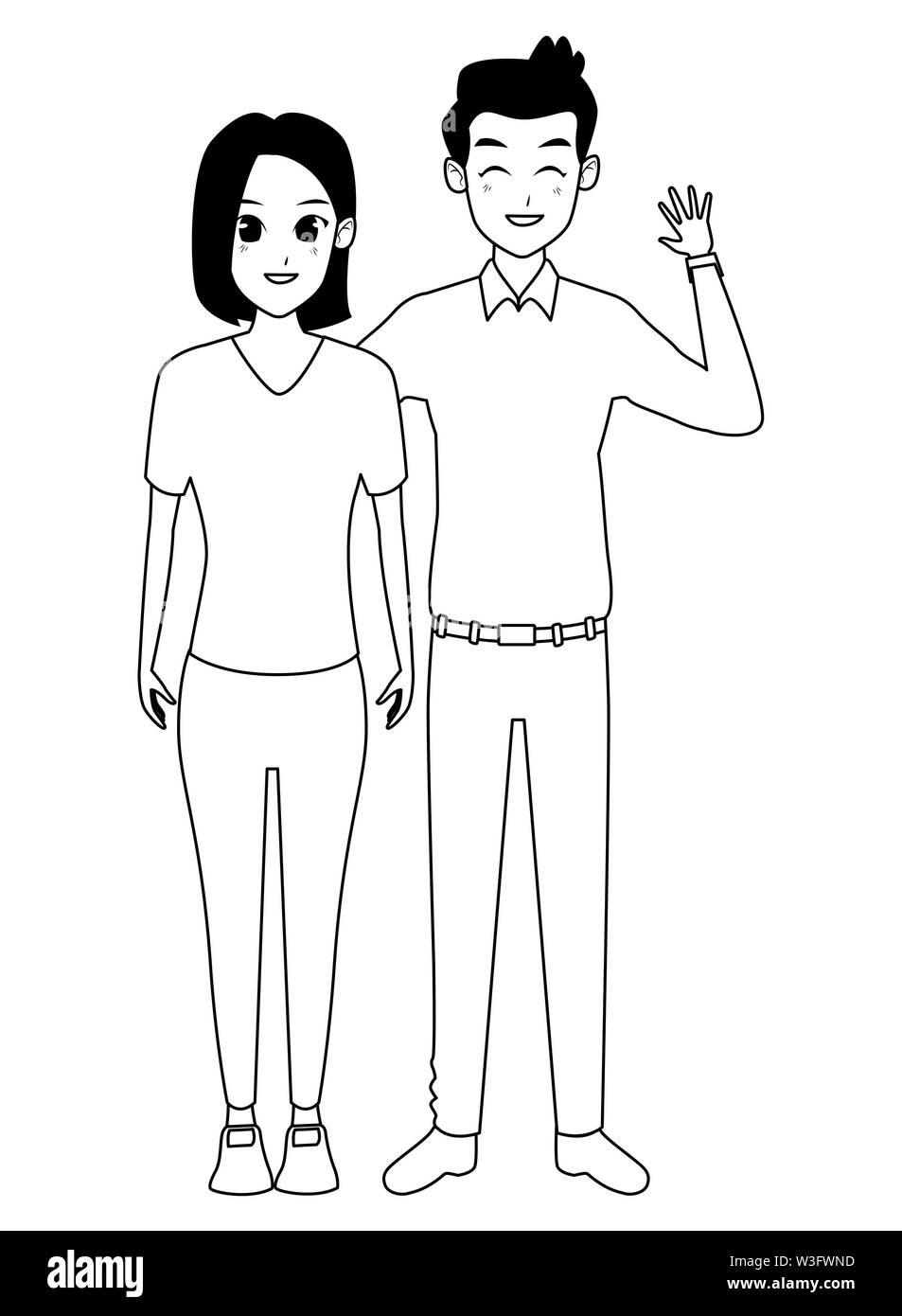 Young Adult Couple Greeting Cartoon In Black And White Stock Vector
