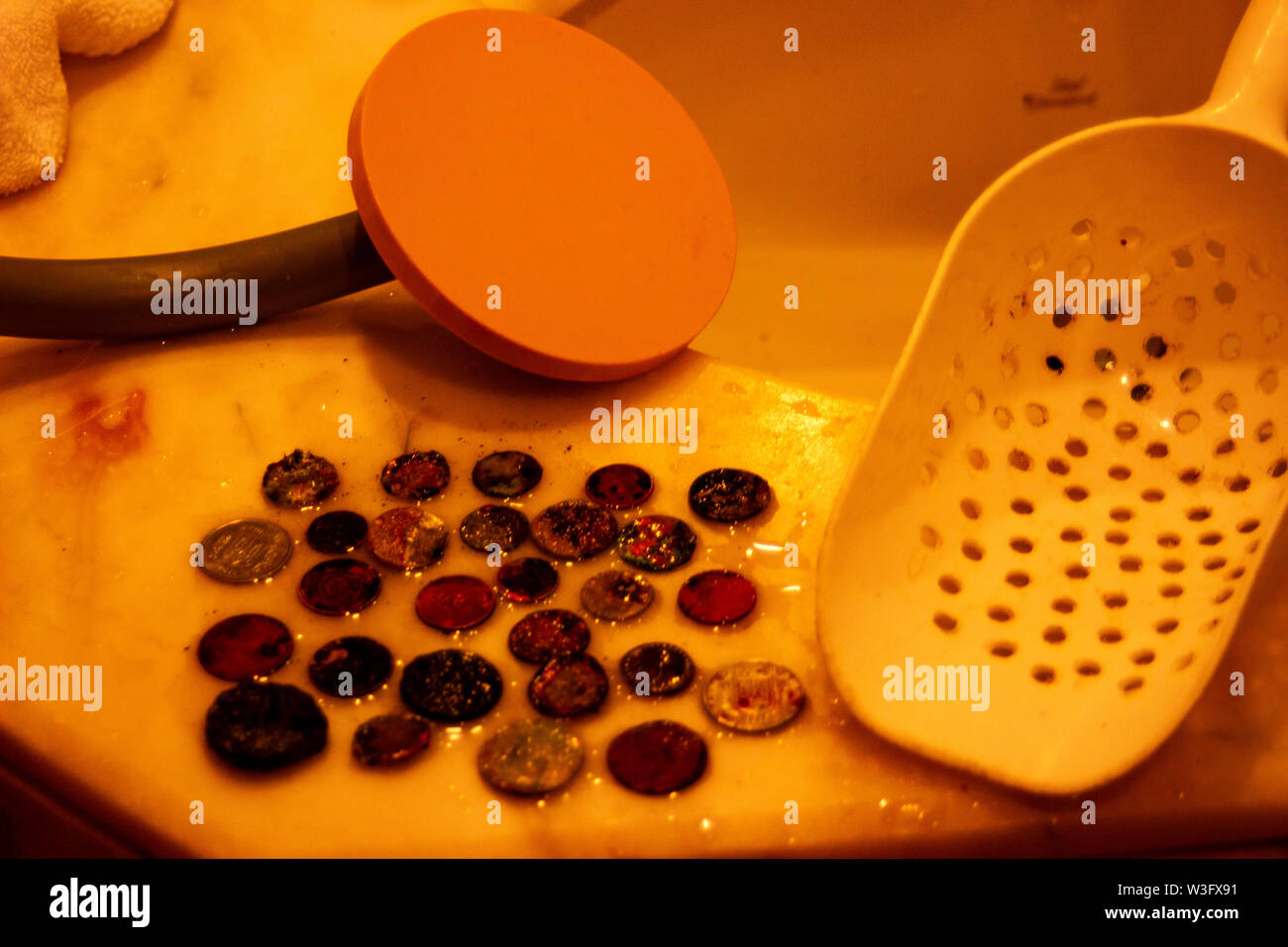 The photo of gold and silver coins collected with help of underwater ...