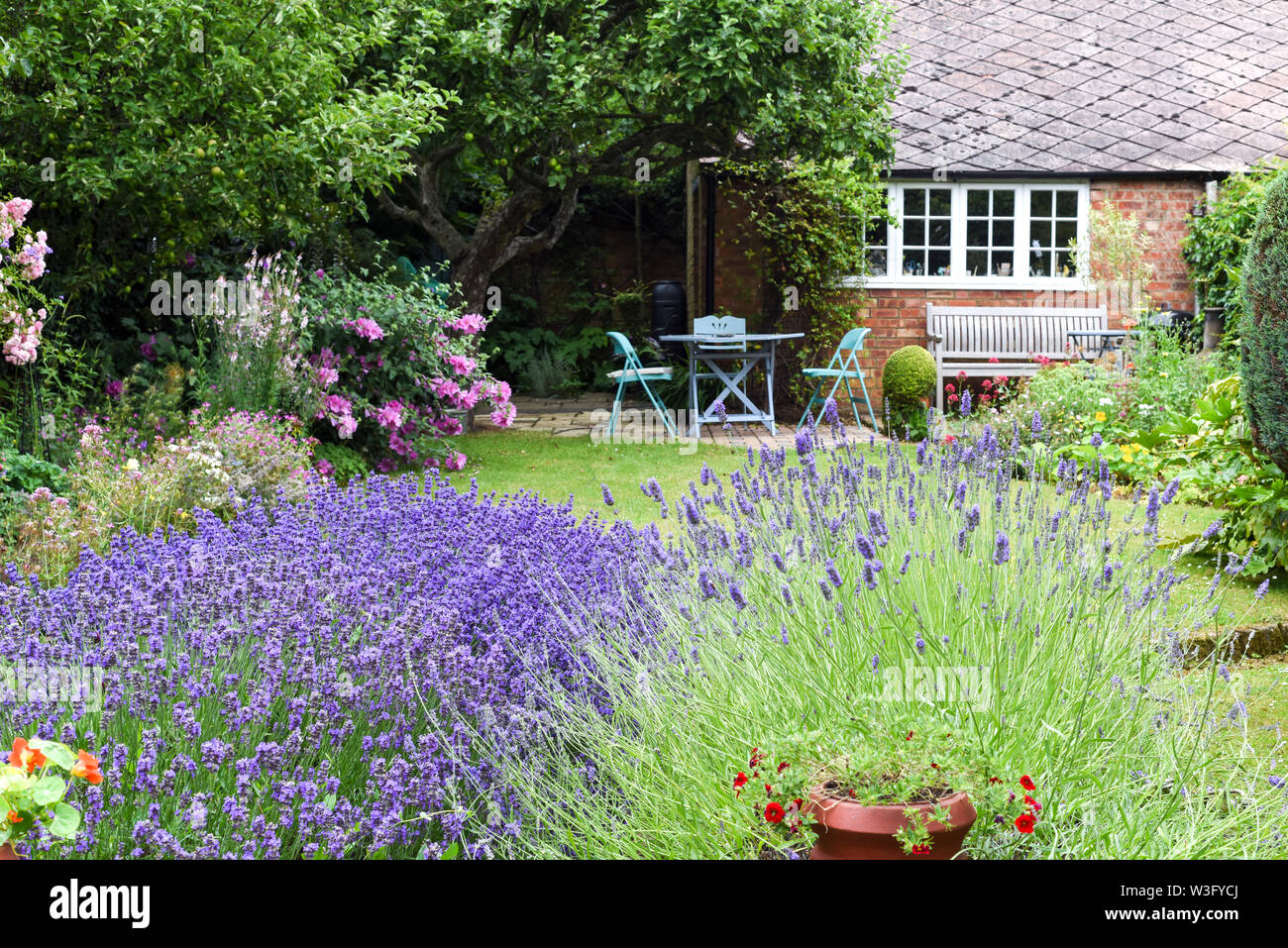 A well kept back yard or garden with lawn, flowers and seating area ...