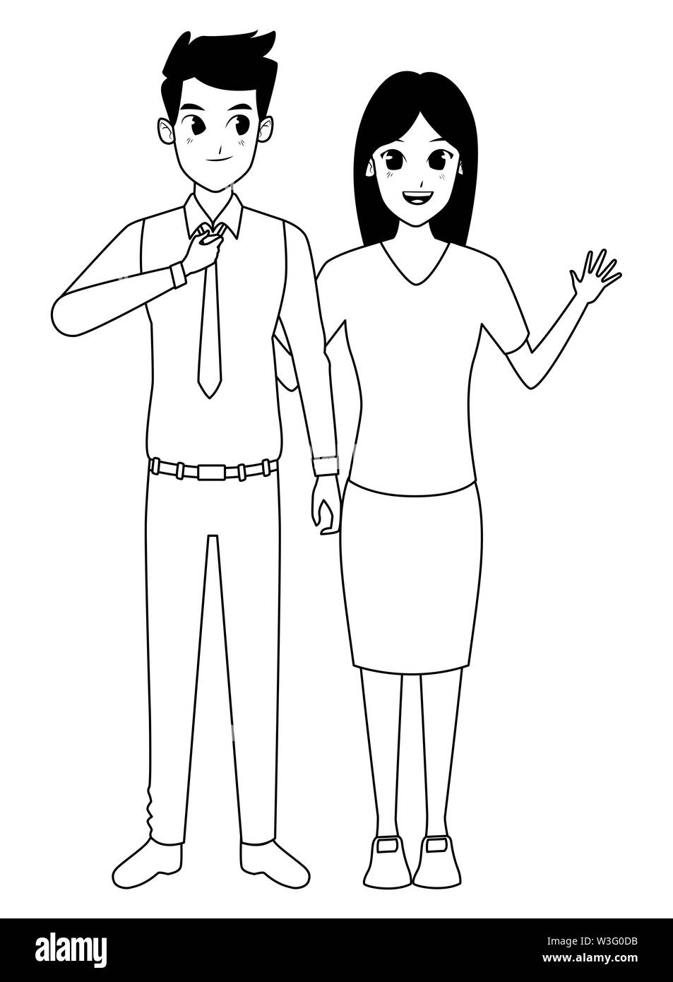 Young adult couple greeting cartoon in black and white Stock Vector ...