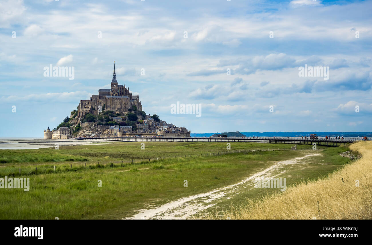 Remote panoramic view of Mont Saint Michel, Normandy Coast landmark ...