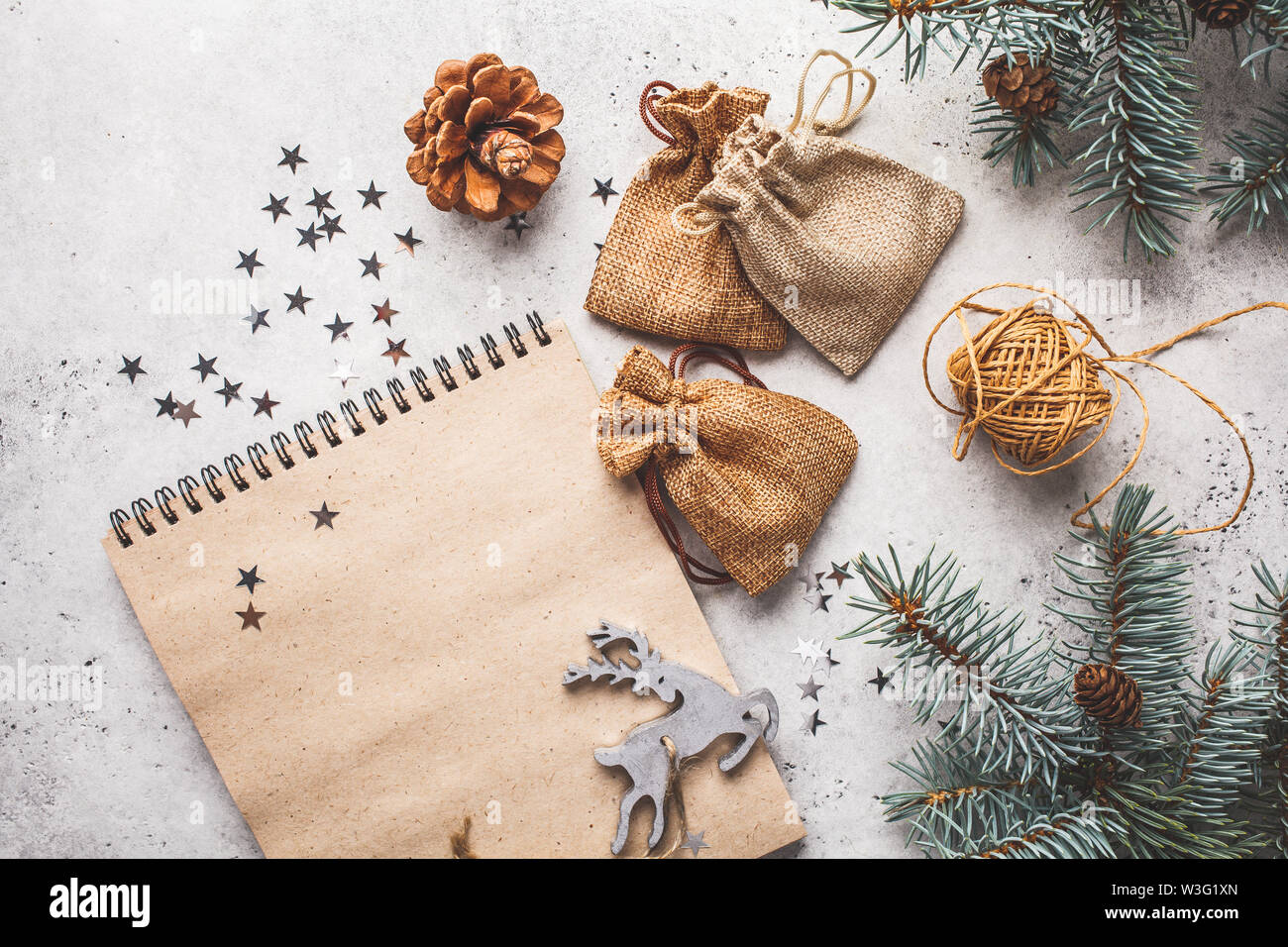 Christmas background with Christmas tree and notepad. Christmas flat ...