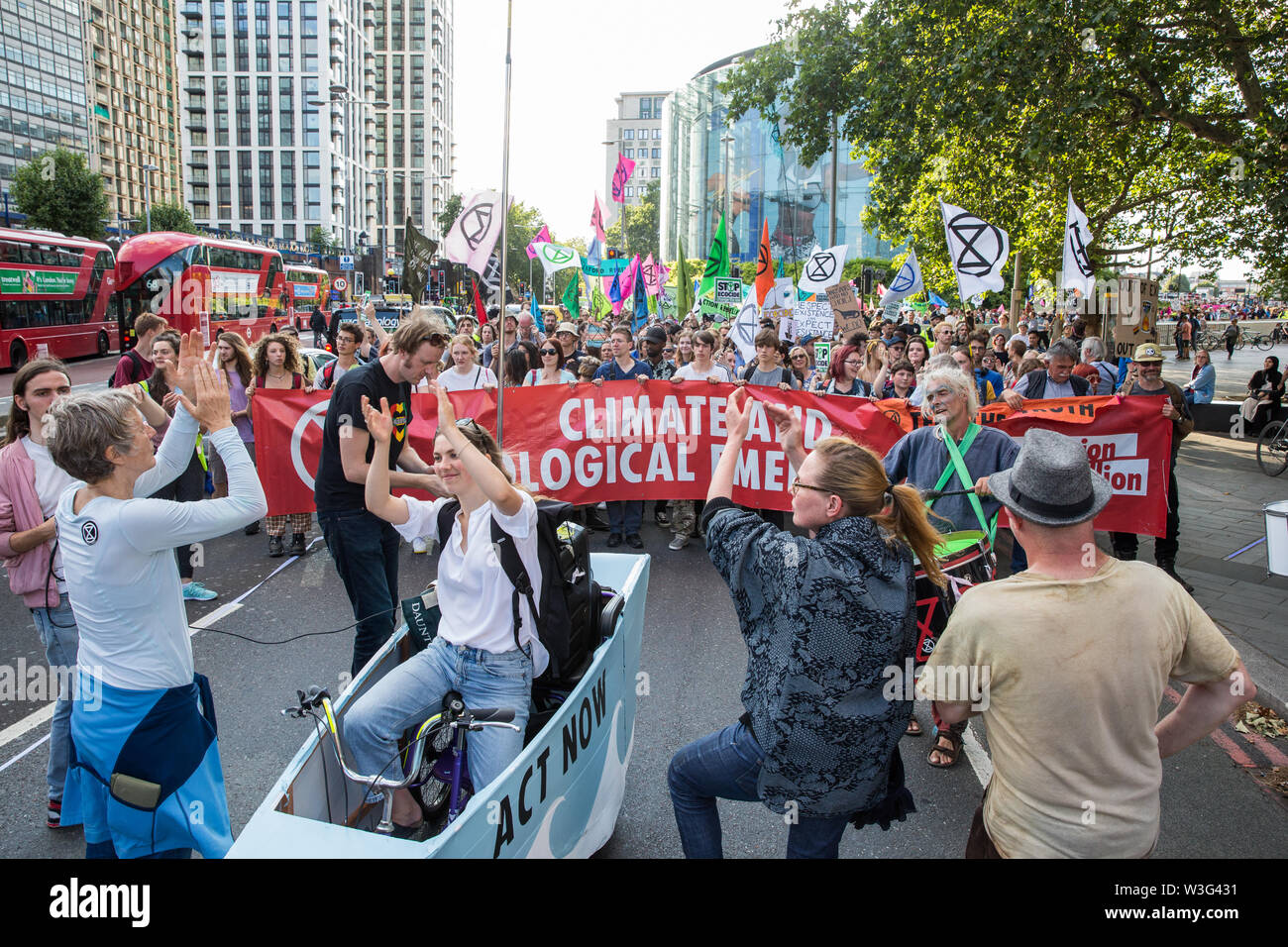 London, UK. 15 July, 2019. Climate activists from Extinction Rebellion ...