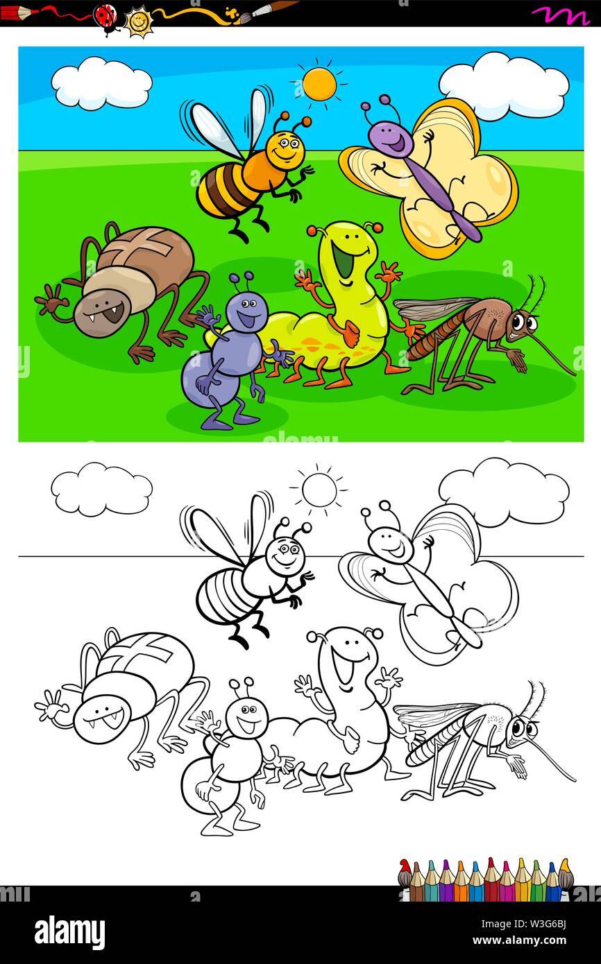 Cartoon Illustration of Funny Insects Animal Characters Coloring Book ...