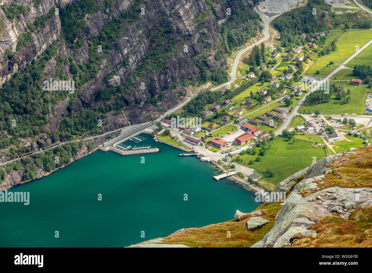 View from the Kjerag trail to Lyseboth small norwegian town located at ...
