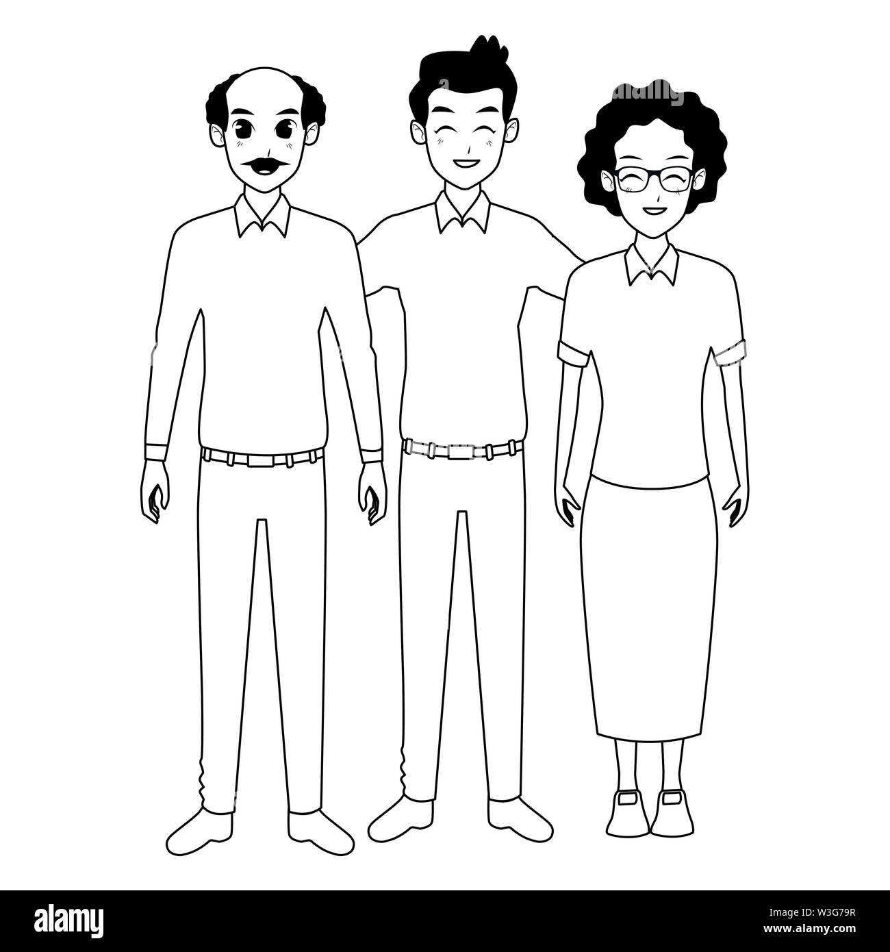 Family old parents with adult son smiling in black and white Stock ...