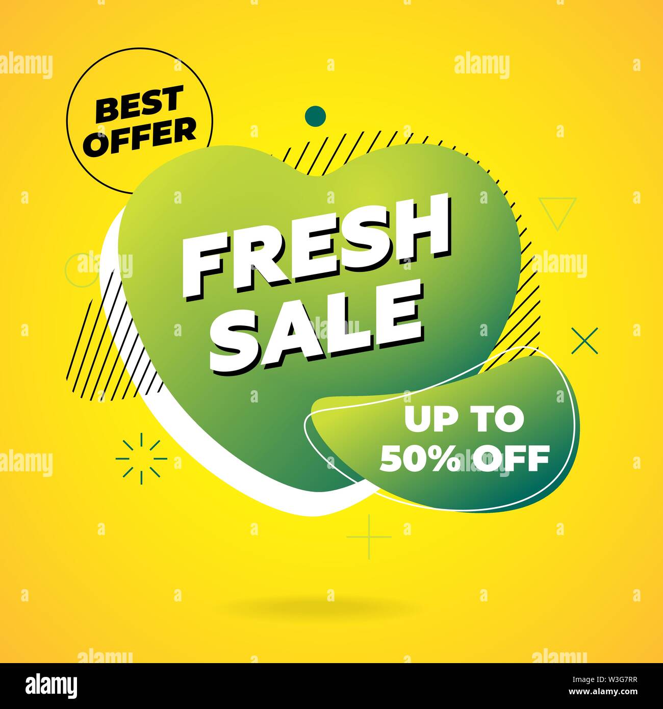 Fresh sale banner. Best offer template design on green abstract liquid ...