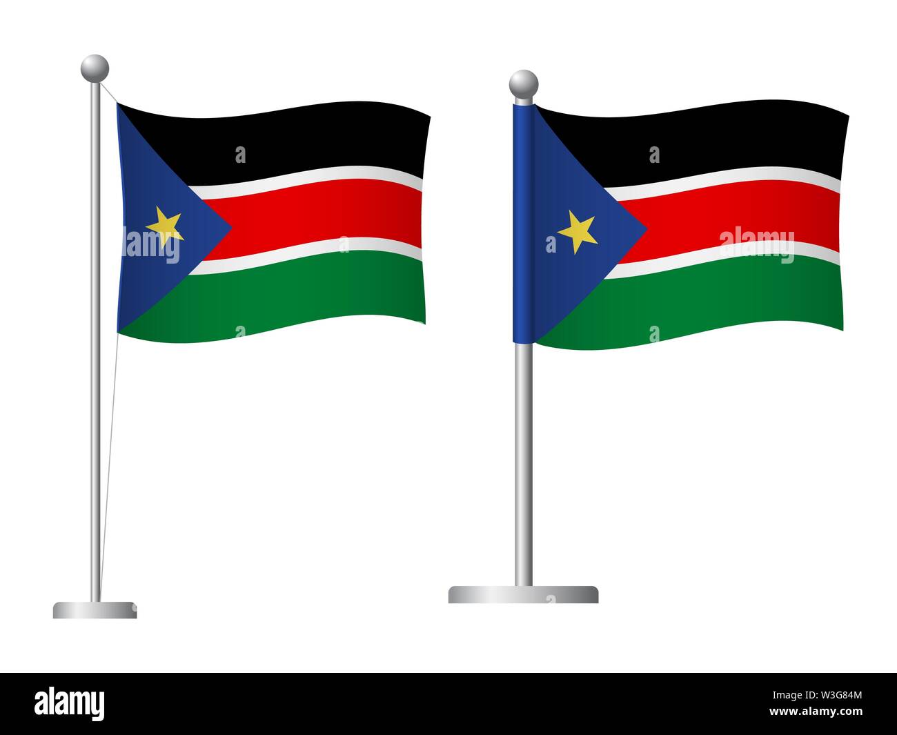 South Sudan flag on pole. Metal flagpole. National flag of South Sudan ...
