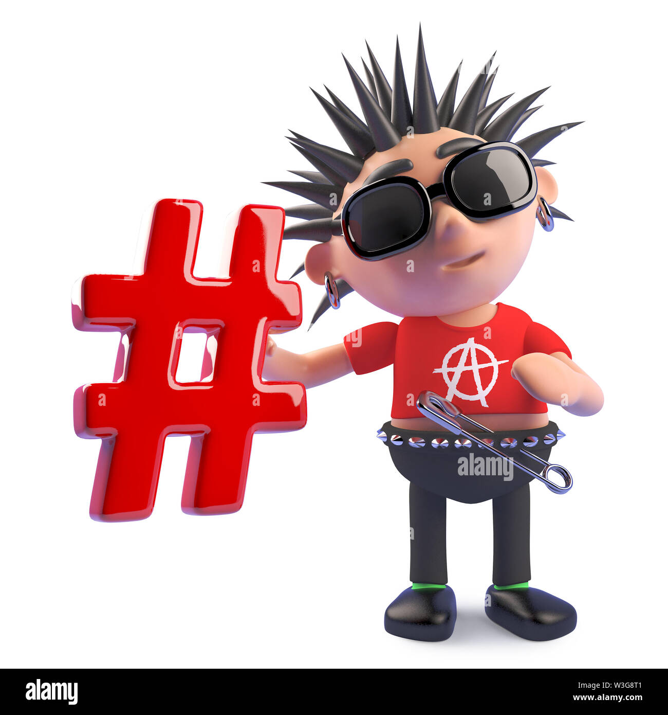 Funny cartoon punk character holding a hashtag symbol, 3d illustration ...