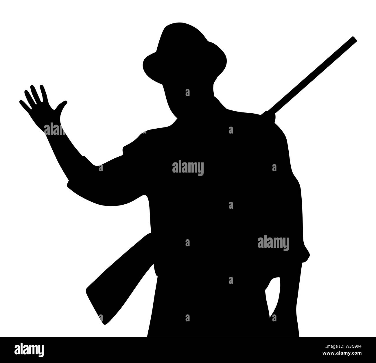 Hunter with rifle waving hand greeting Stock Photo - Alamy