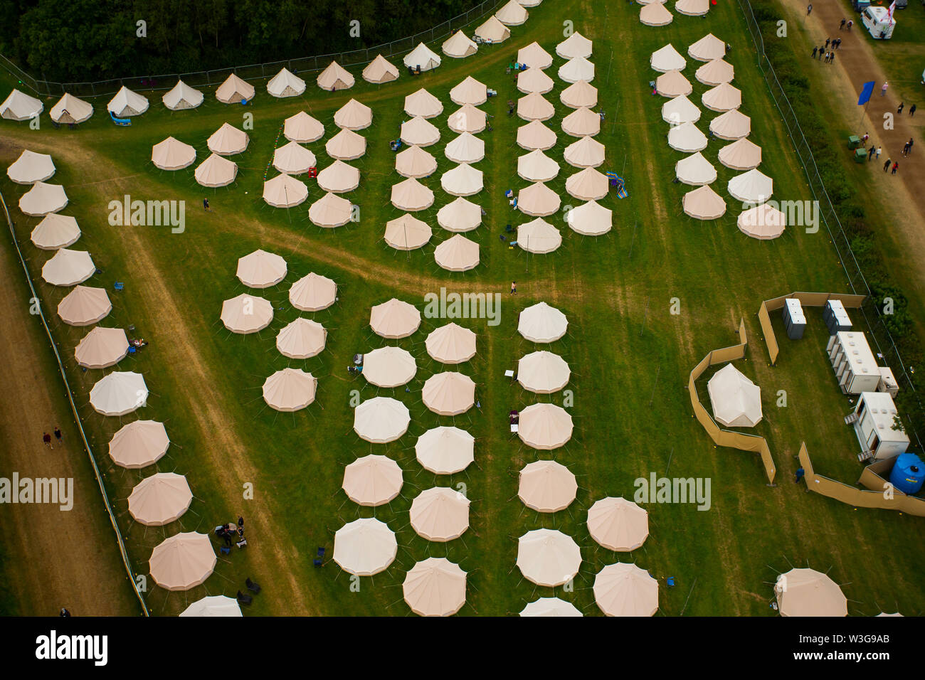 An aerial view of the Luxury Glamping bell tent field at Silverstone ...