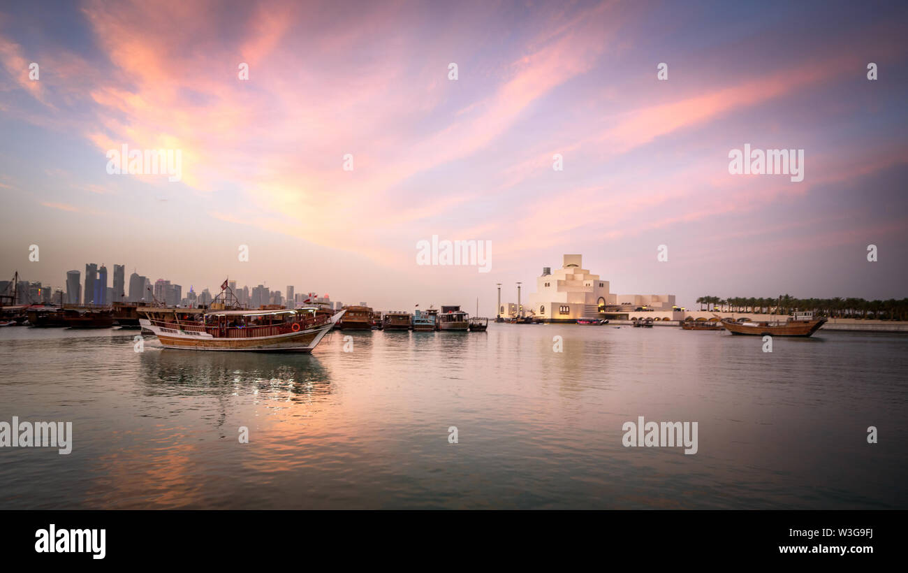 Traditional dhow moored near Museum of Islamic Art, Doha, Qatar Stock ...