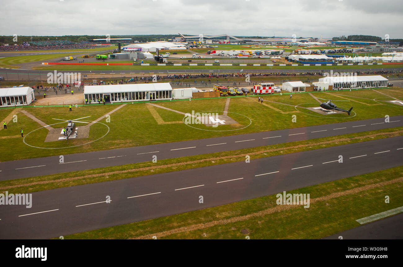 An aerial view of the heliport at Silverstone Circuit on F1 race day ...
