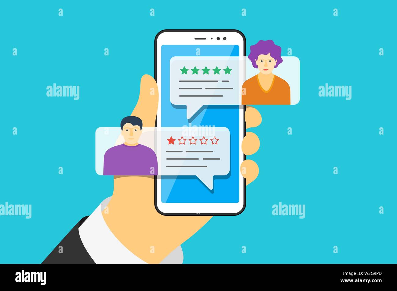 Hand holding smart phone with feedback app speech bubbles and male ...