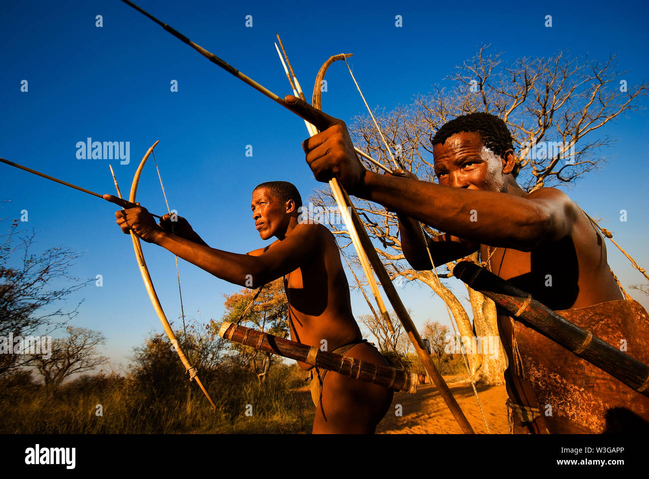 Bushman hunters with bow and arrow simulating a hunt at Grashoek ...