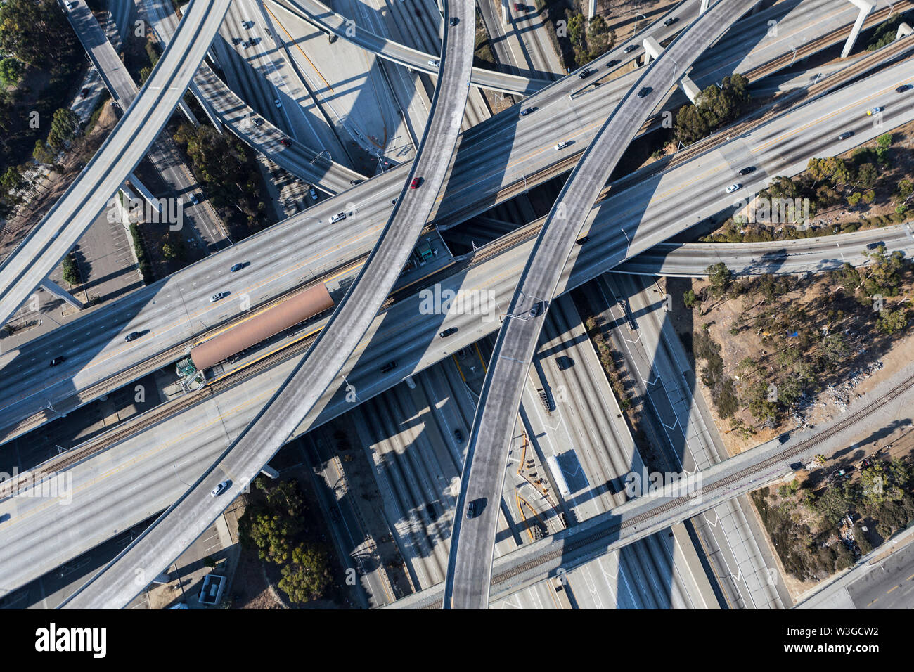 Los Angeles aerial of the Harbor 110 and Century 105 freeway ...