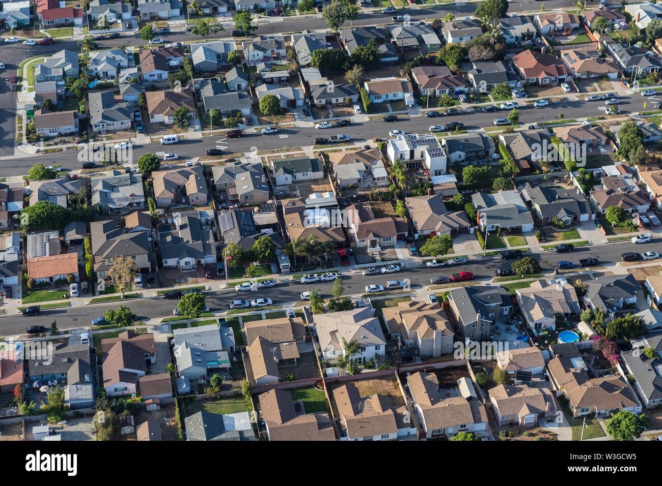 Aerial view of older houses and streets in a typical residential ...