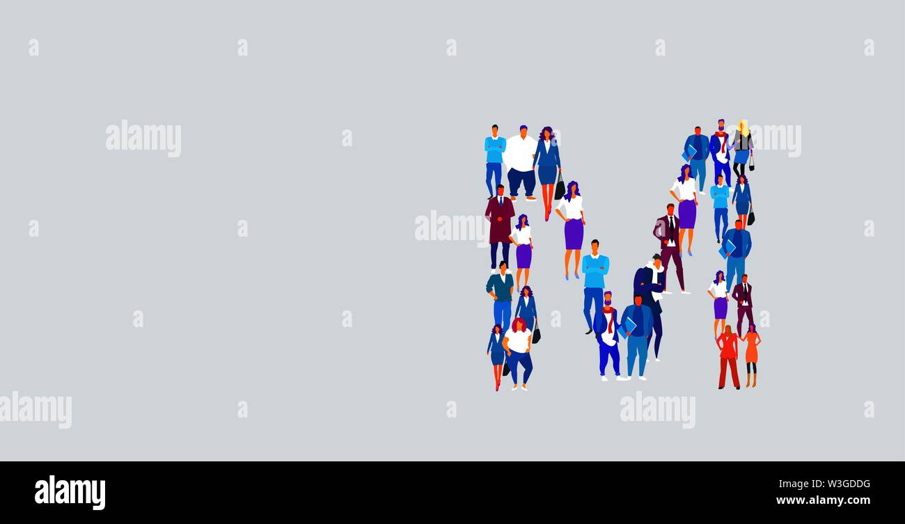business people crowd forming shape letter M different men women ...