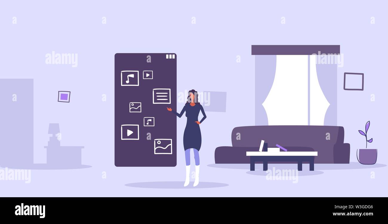 woman using touchscreen smartphone with application icons mobile apps ...