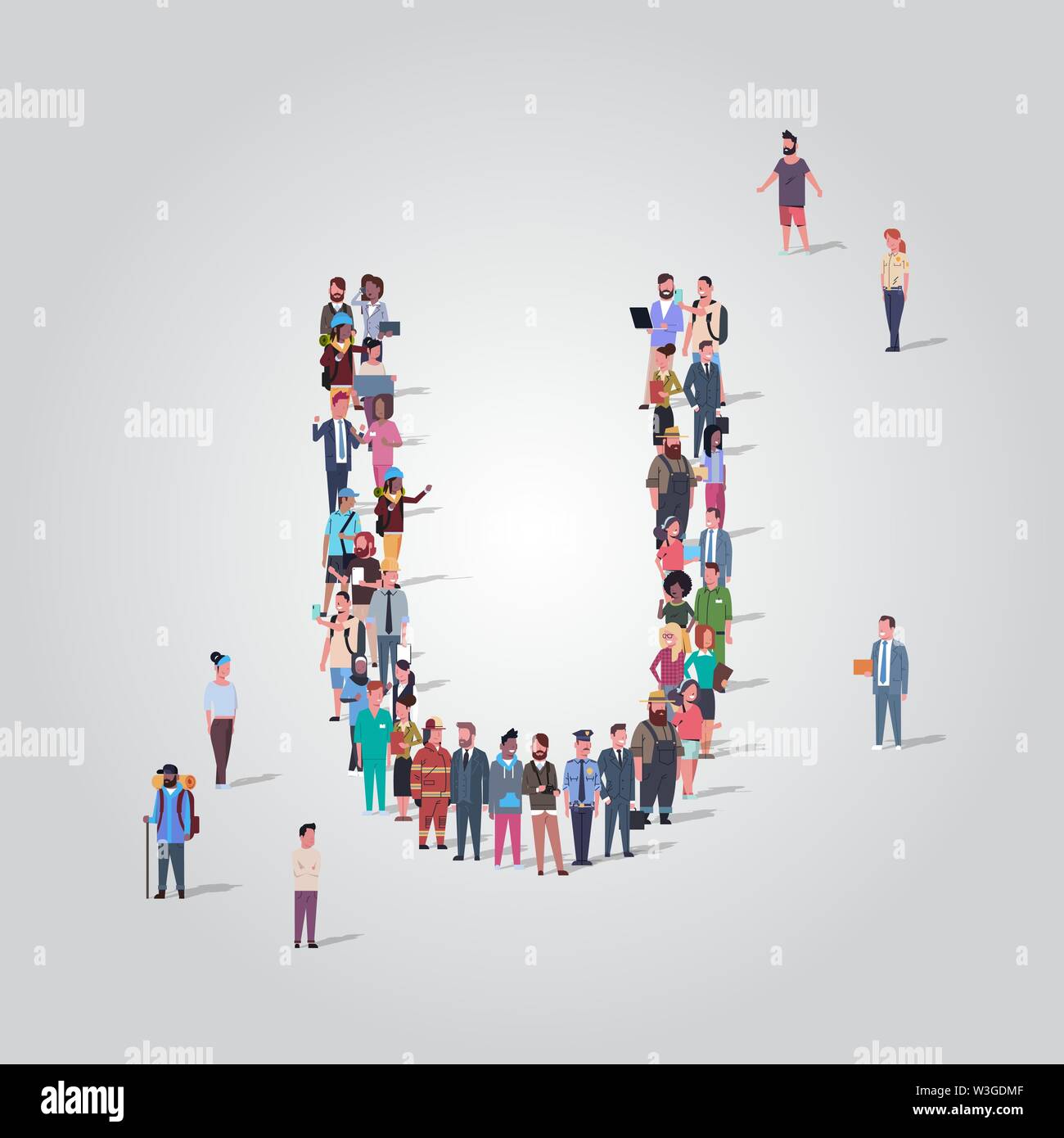 big people crowd gathering in shape letter U different occupation ...