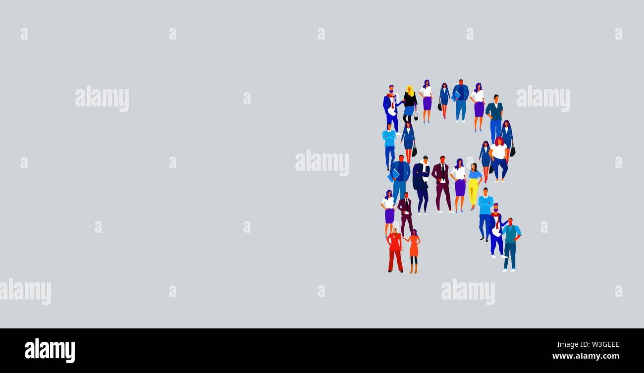 business people crowd forming shape letter R different men women ...