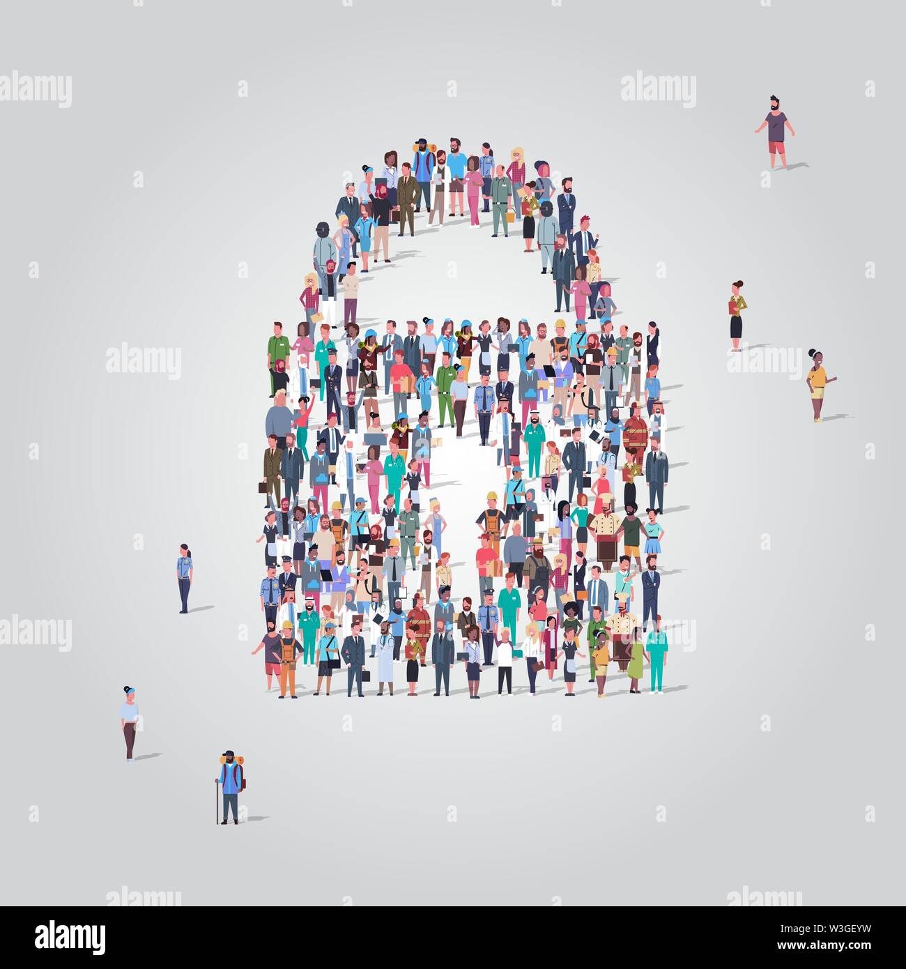 people crowd gathering in padlock icon shape social media community ...